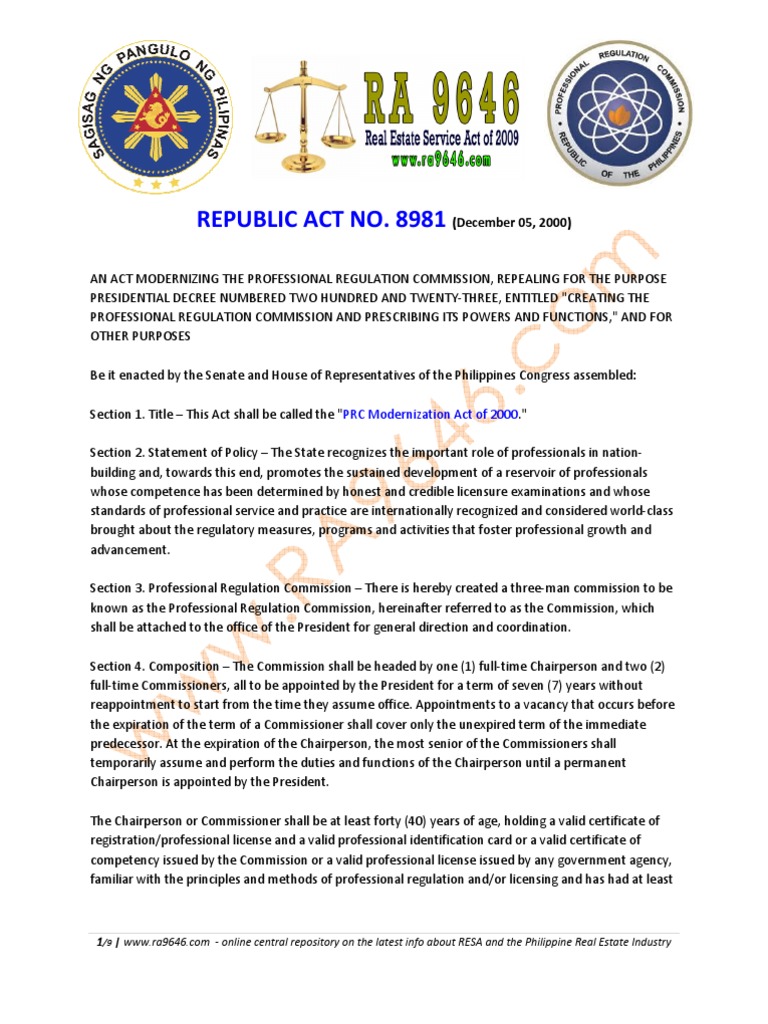RA 8981 - PRC Modernization Act of 2009 | PDF | Licensure | Profession
