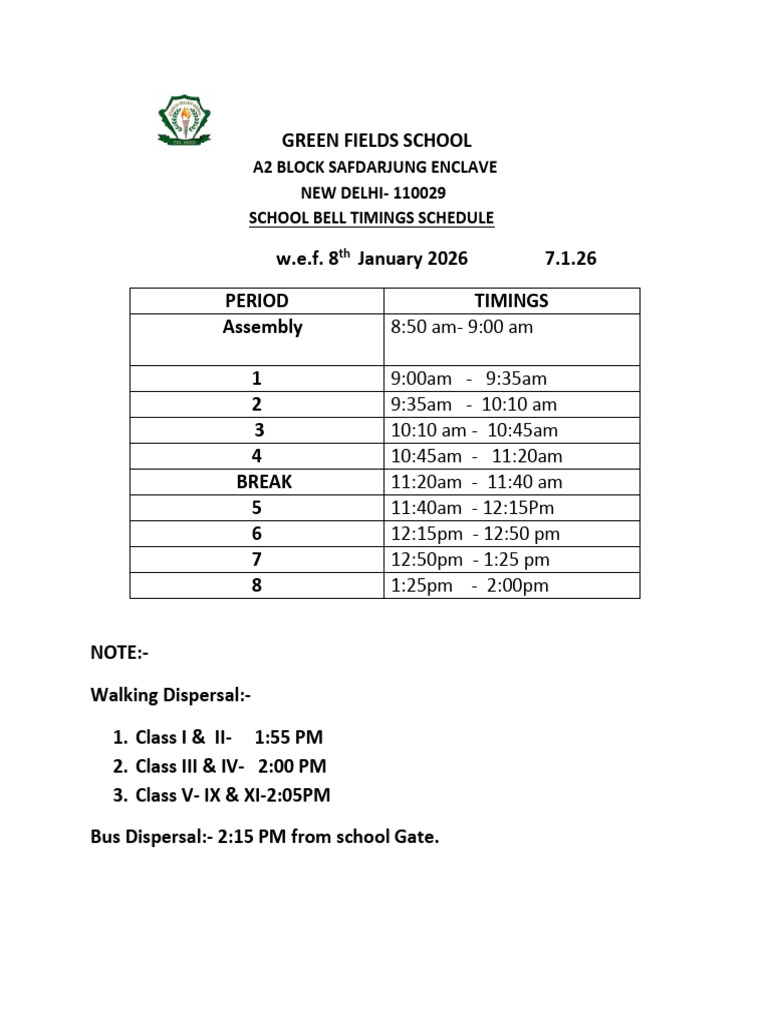 Bell Timings Schedule 8.1.26 | PDF