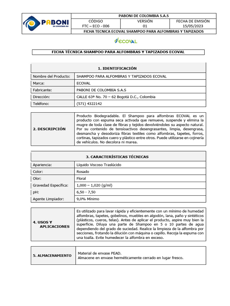 Ftc-eco-006 Ficha Tecnica Shampoo Para Alfombras y Tapizados Ecoval ...