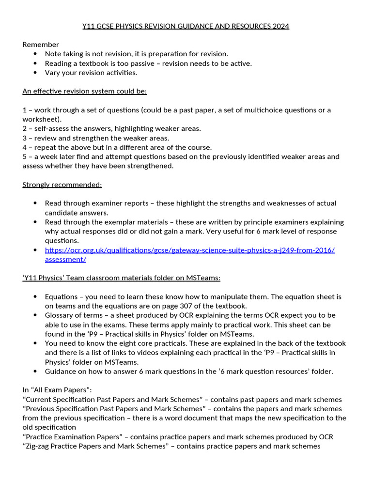 Y11 Gcse Physics Revision Guidance and Resources 2025 | PDF