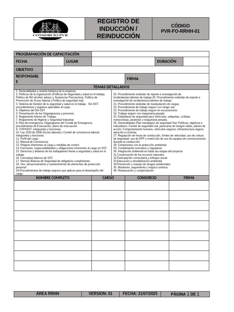 Pvr-fo-rrhh-01 Formato Induccion - Reinducción (1) | PDF | Valores ...