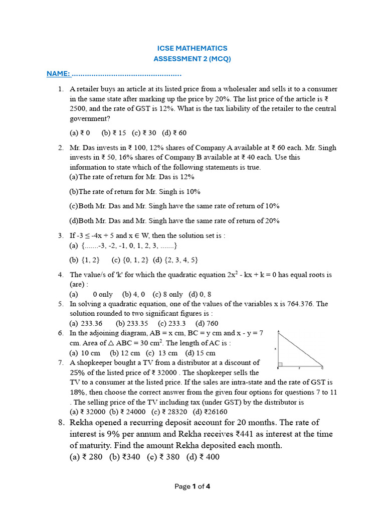 ICSE MATH MCQ SET 2 | PDF | Circle | Mathematics