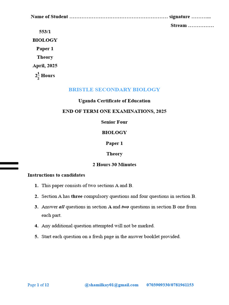 Bristle-S.4 Bio Paper One-Eot 1 2025 | PDF | Medical Specialties
