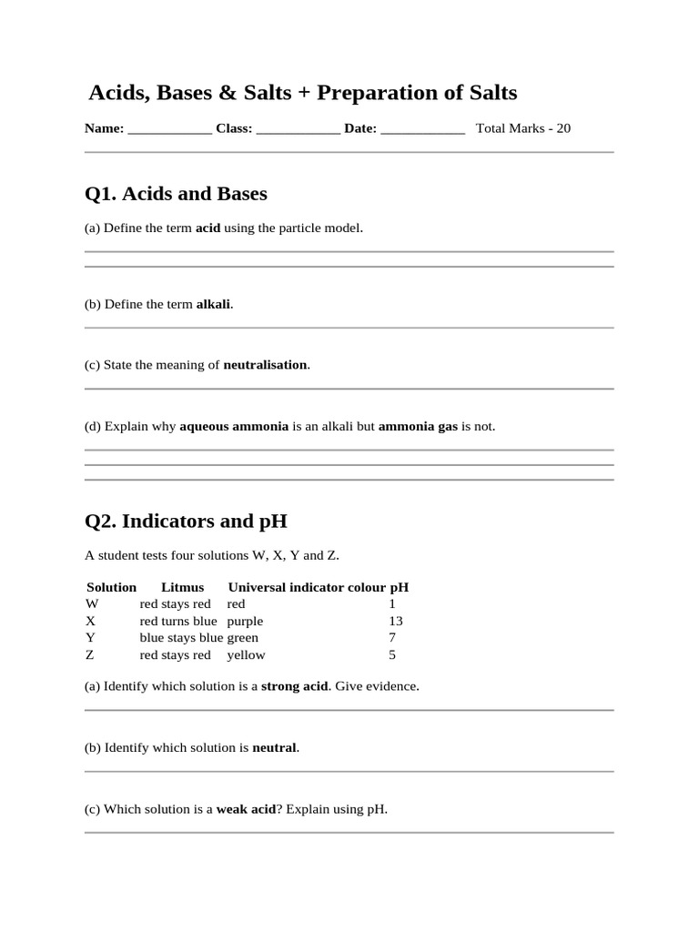 Acids and Bases Worksheet | PDF | Acid | Salt (Chemistry)