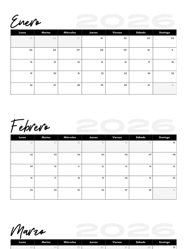 Calendario Planificador Año 2026 Minimalista Elegante Blanco y Negro | PDF