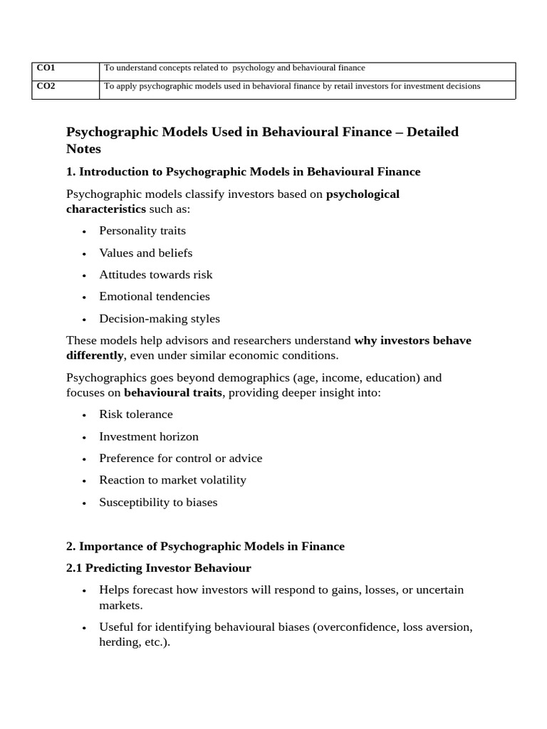 1.2 Psychographic Models Used in Behavioural Finance | PDF | Behavioral ...