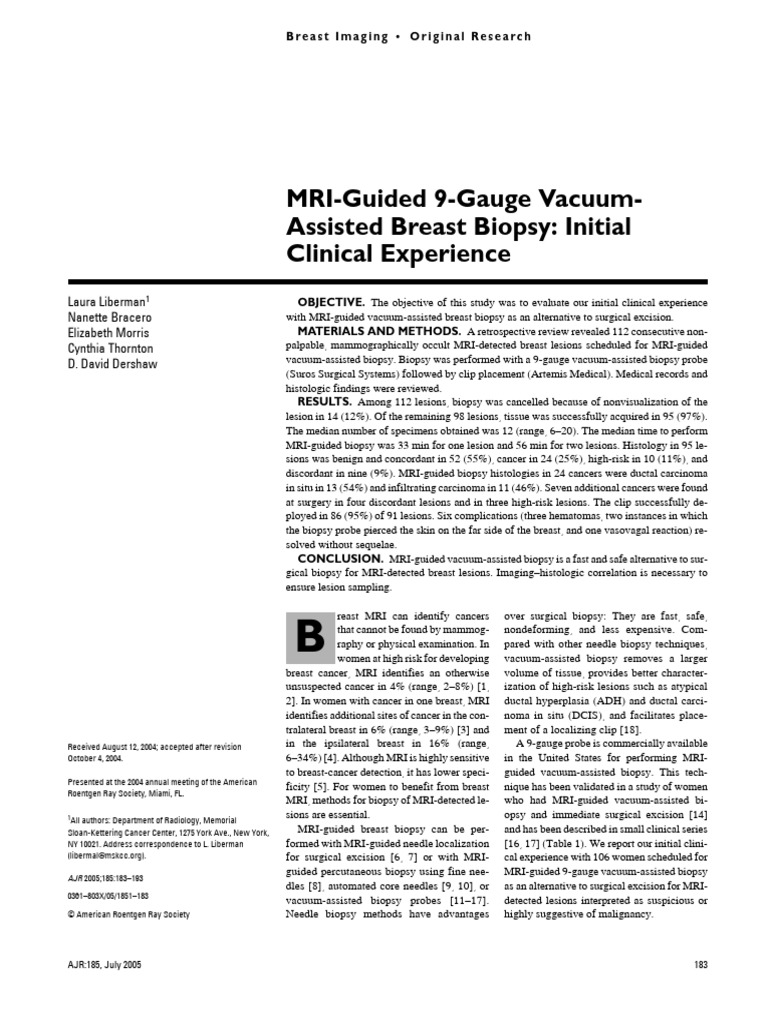 Liberman Et Al 2012 Mri Guided 9 Gauge Vacuum Assisted Breast Biopsy ...