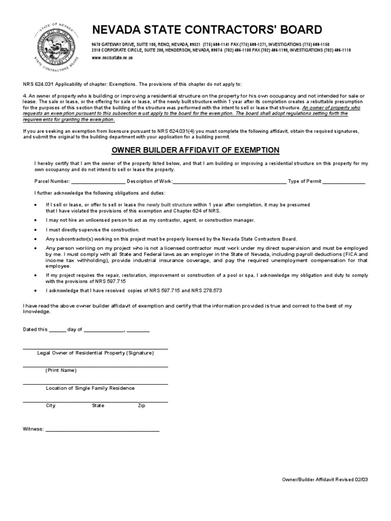 Affidavit Owner Builder | PDF | General Contractor | Independent Contractor