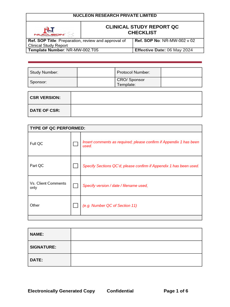 NR MW 002.t05 - CSR QC Checklist | PDF | Clinical Trial | Computing