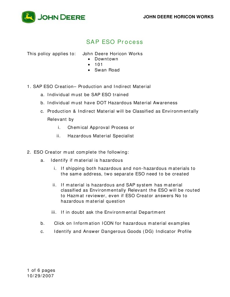 SAP ESO Process: John Deere Horicon Works | PDF | Dangerous Goods | Safety