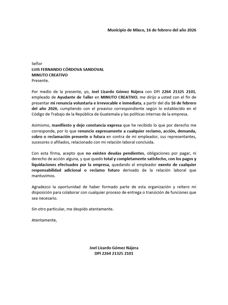 Carta de Renuncia Irrevocable Joel Nájera | PDF