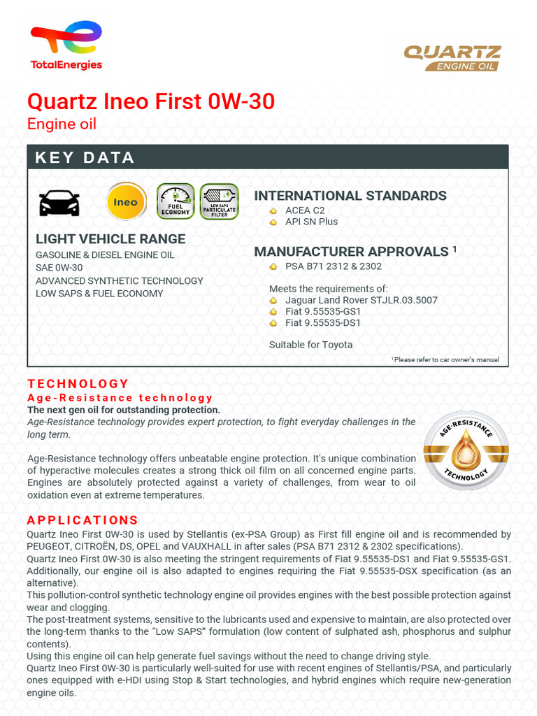 TDS TotalEnergies Quartz Ineo First 0W 30 7BJ en | PDF | Motor Oil