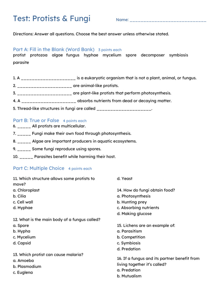 Protists and Fungi Test | PDF | Fungus | Biological Evolution