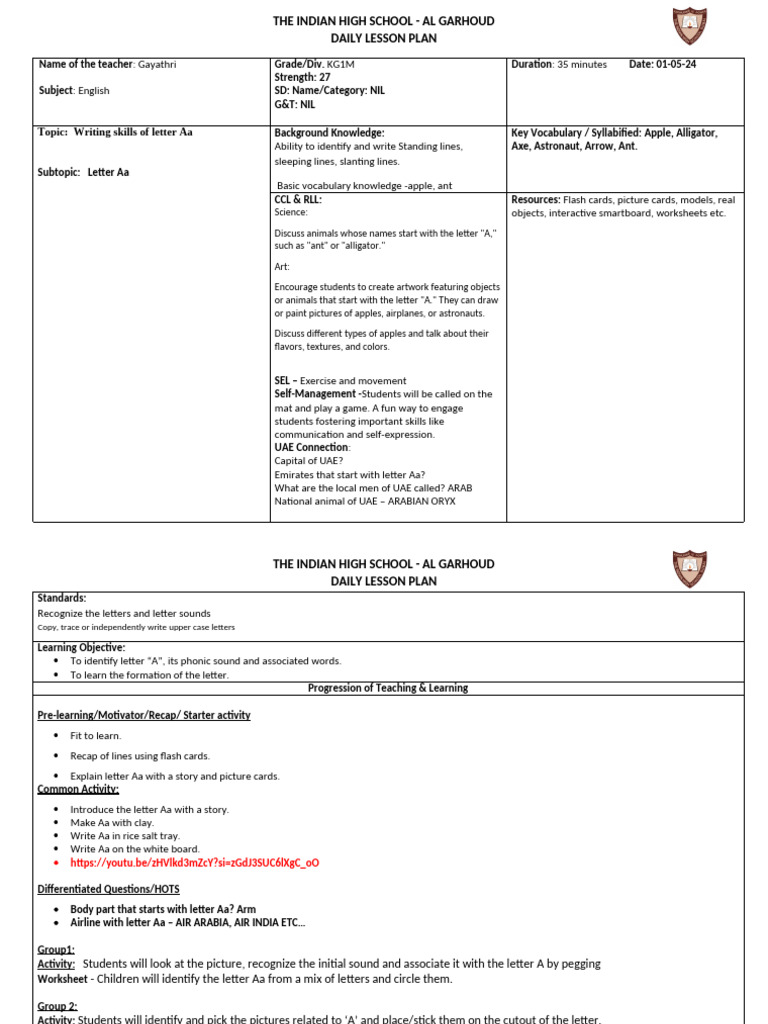 01.5.24-Updated DLP Letter Aa | PDF | Lesson Plan | Cognition