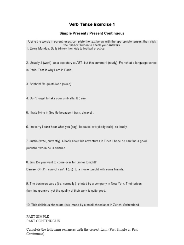 Verb Tense Exercise 1 | PDF