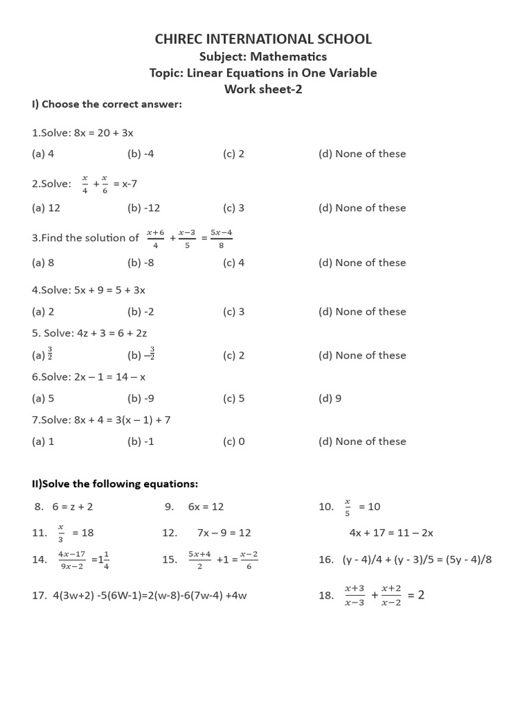 Gr-8-Linear Equations in One Variable-Work Sheet-2 | PDF | Equations ...