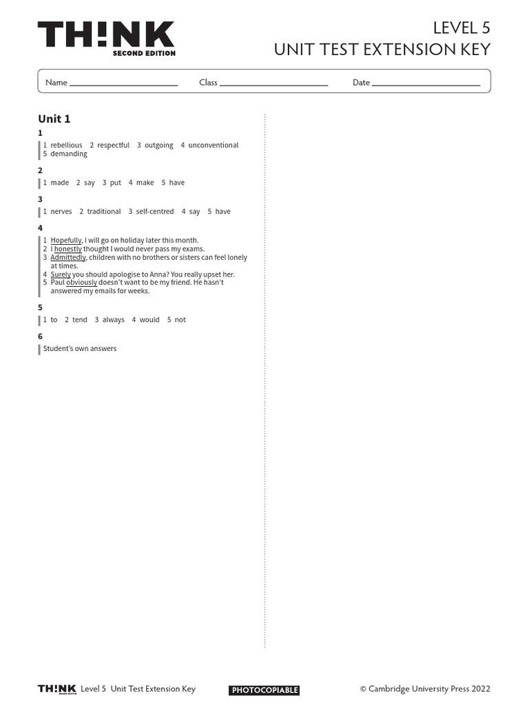 THK-UT-Unit 01 Extension Test With Answers | PDF