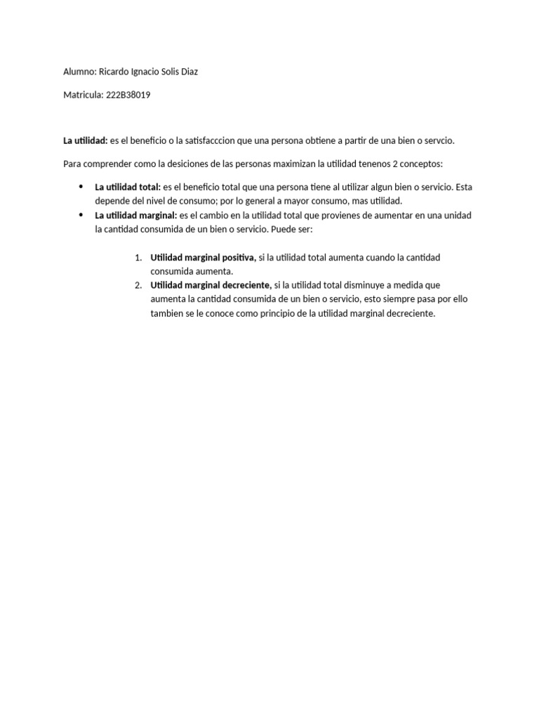 Utilidad, Utlidad Total, Utilidad Marginal, Positiva y Decresiente | PDF