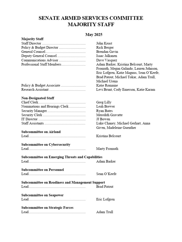 Sasc Full Committee Staff May 2025 | PDF | Military | United States Navy