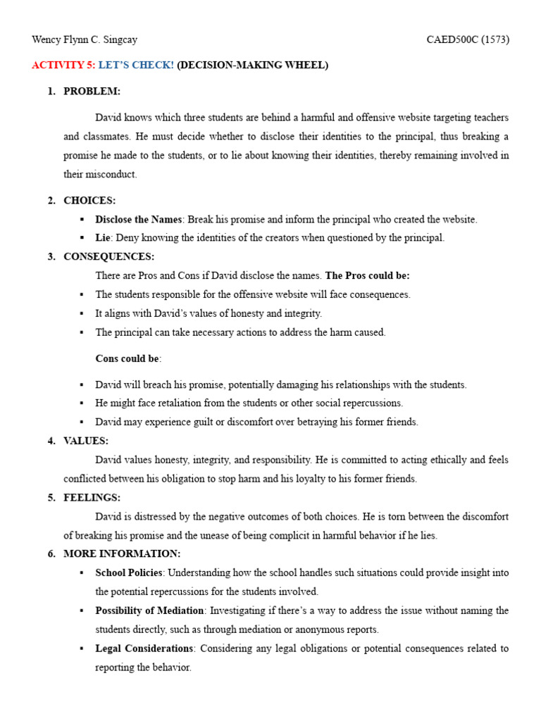 Singcay Modeule 4 Decision Making | PDF | Value (Ethics) | Integrity