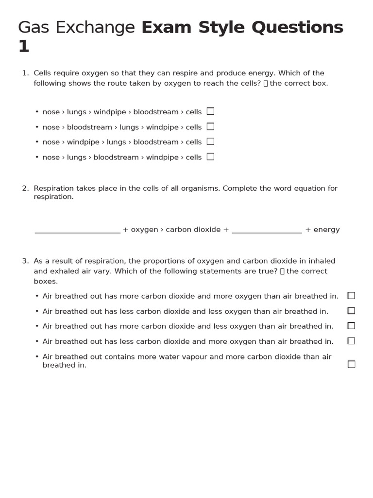 Gas Exchange Exam Style Questions 1 | PDF