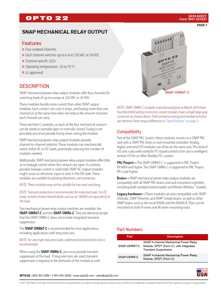 1967 SNAP Mechanical Relay Output Data Sheet | PDF | Relay | Switch