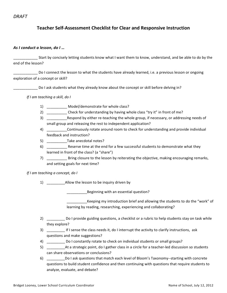 Teacher Self-Assessment Checklist For Instructional Quality, Public ...