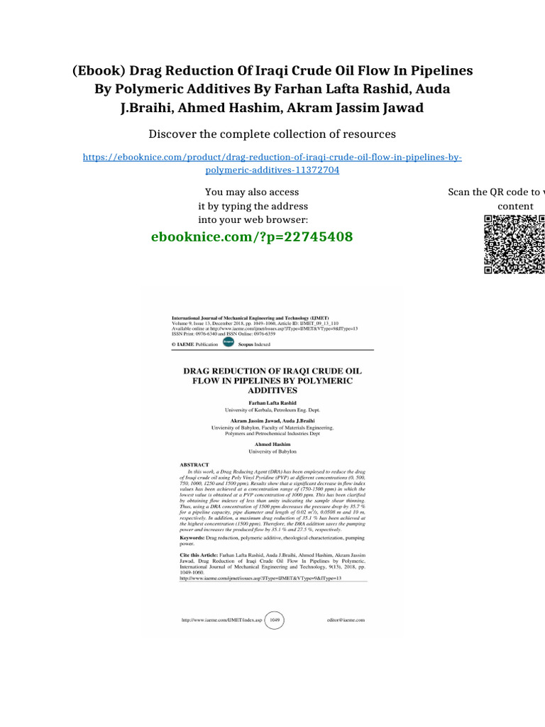 (Ebook) Drag Reduction of Iraqi Crude Oil Flow In Pipelines by ...