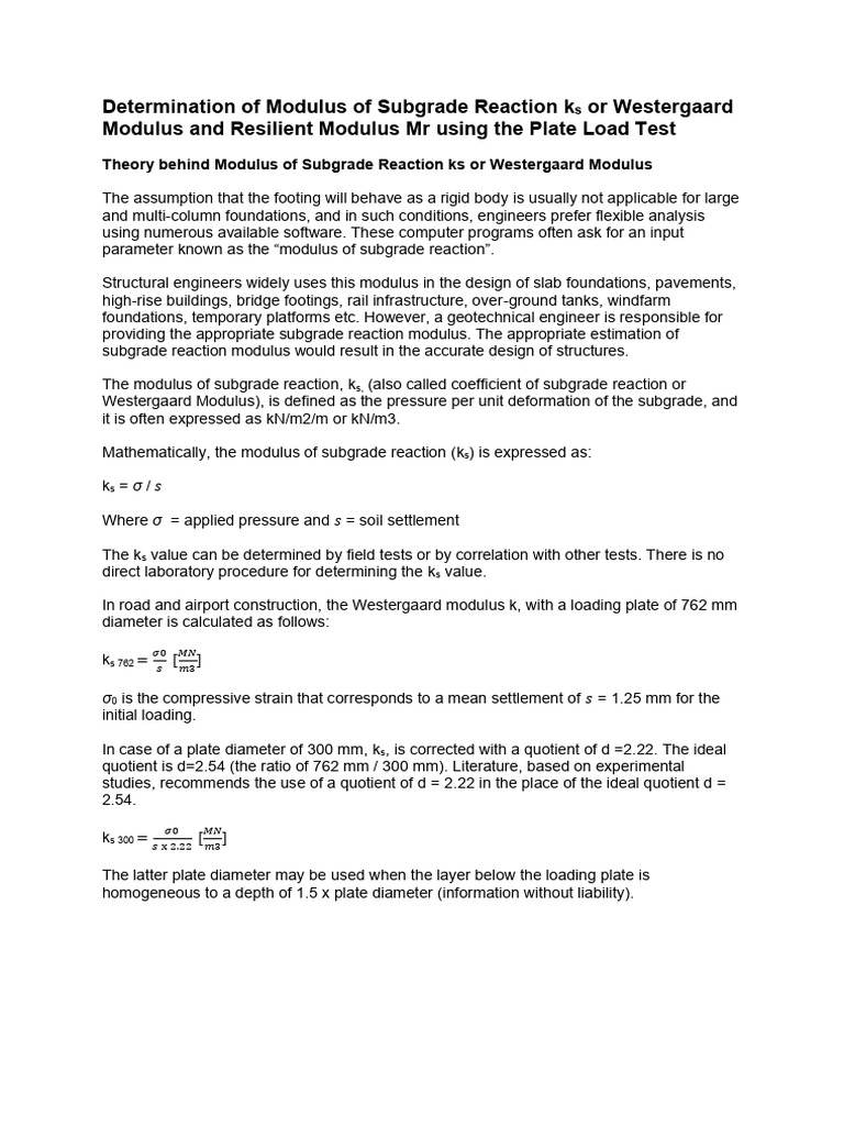 Determination of Modulus of Subgrade Reaction Ks or Westergaard Modulus ...