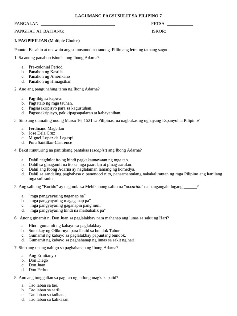 Lagumang Pagsusulit Sa Filipino 7 | PDF