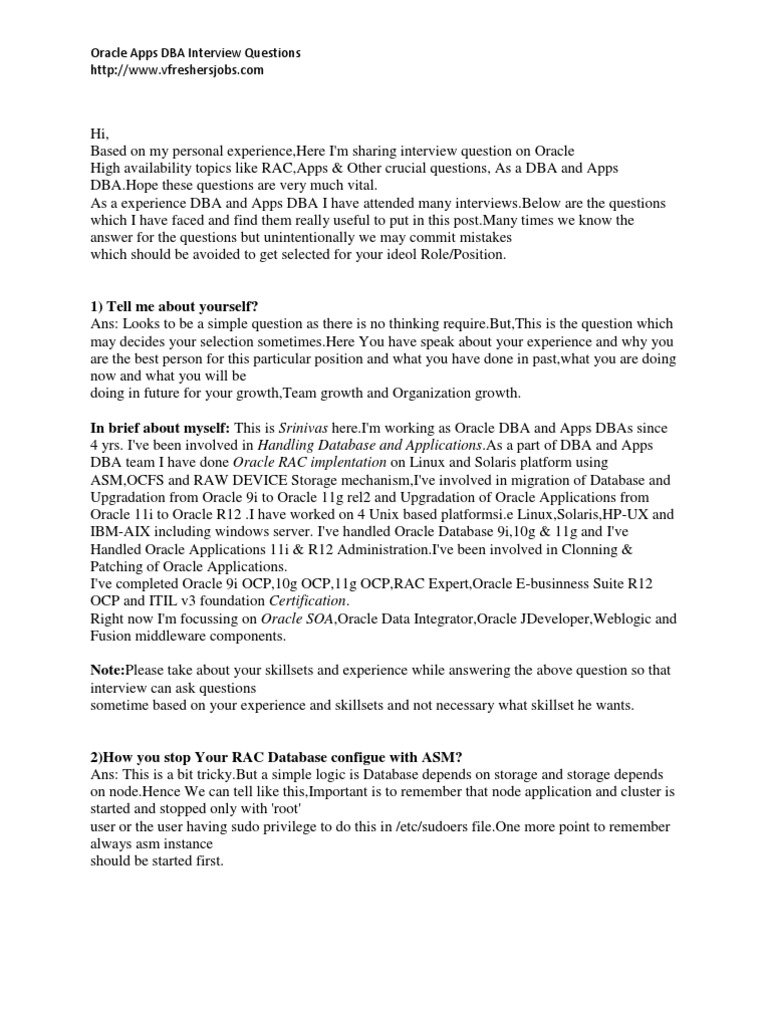 Important Apps DBA Interview Questions | Download Free PDF | Oracle Database | Cache (Computing)