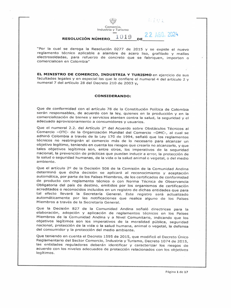 Res 1019 de 2024 Deroga Res 0277 de 2015 Reglamento Alambre de Acero ...