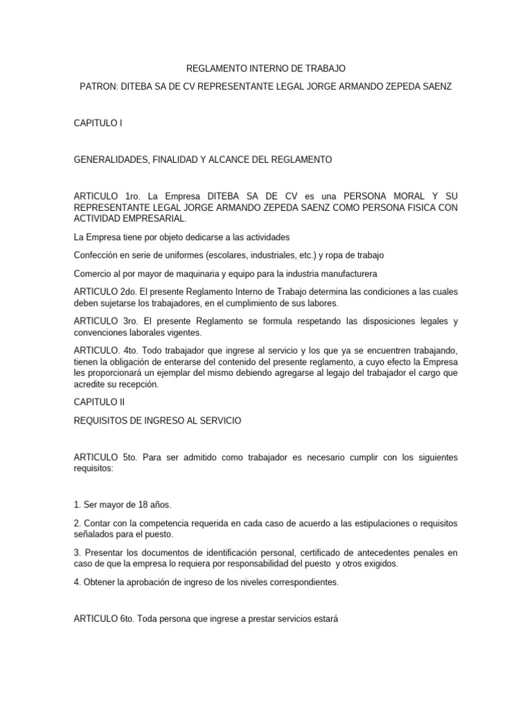 Reglamento Interno de Trabajo | PDF | Regulación | Derecho laboral