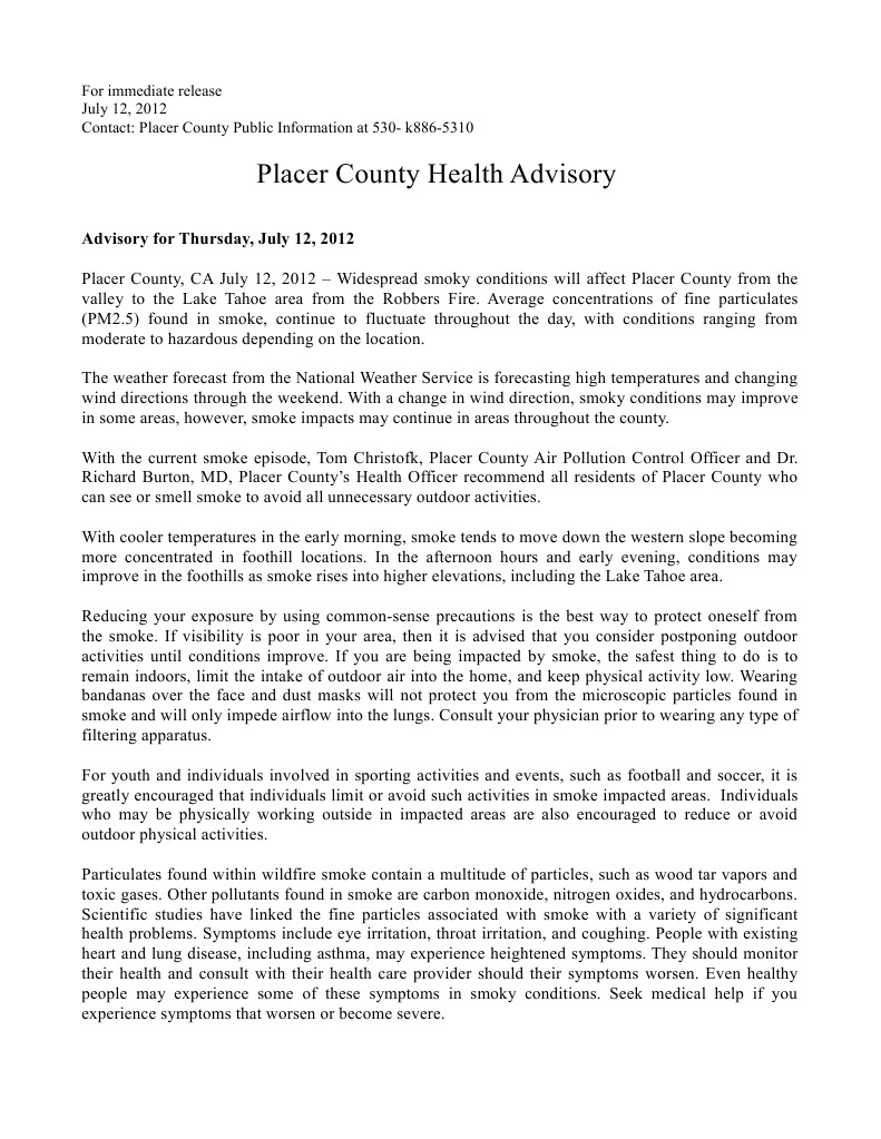 2012 07 12 12 Health Advisory | PDF | Smoke | Determinants Of Health