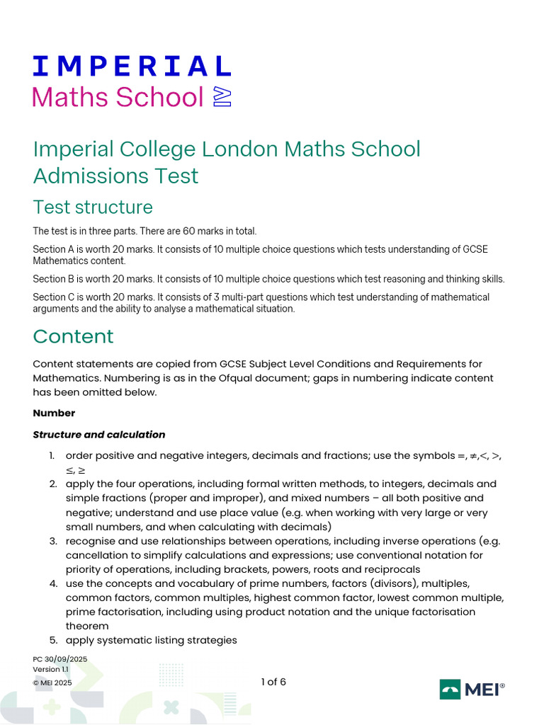 Imperial College Maths School Admissions Test Syllabus 2025 Final | PDF ...