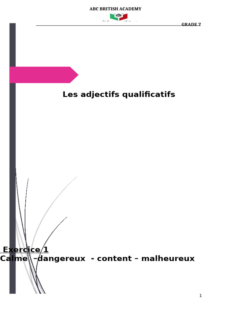 Grade 7 Worsheet Les Adjectifs de Description | PDF