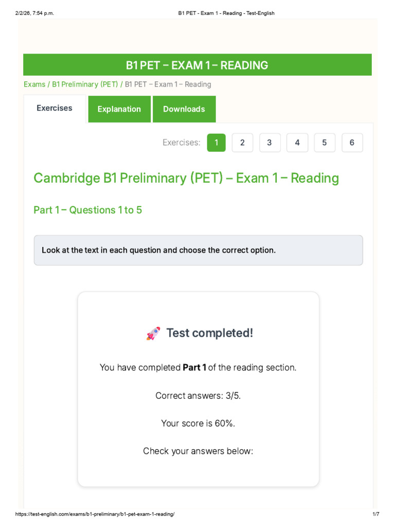 B1 PET - Exam 1 - Reading - Test-English | PDF