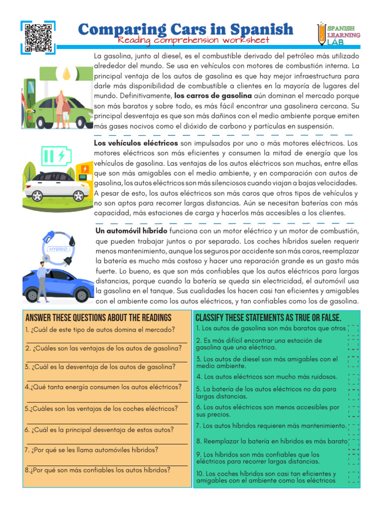 Comparing Cars in Spanish PDF Reading Worksheet | PDF | Coche eléctrico ...