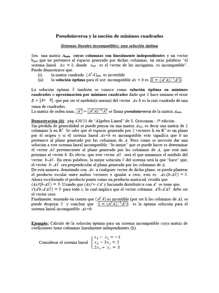 Pseudoinversa y La Nocion de Minimos Cuadrados-2012 | PDF | Sistema de ...