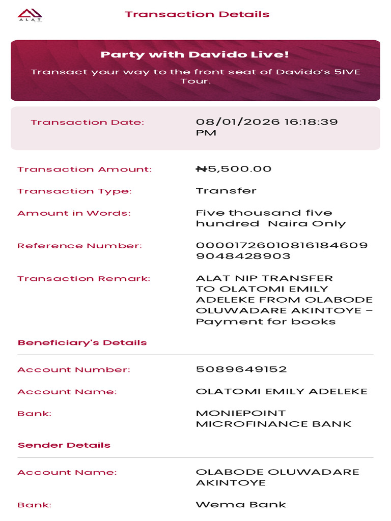 ALAT Transfer Receipt - OLATOMI EMILY ADELEKE - 5089649152 - ₦5,500.00 ...