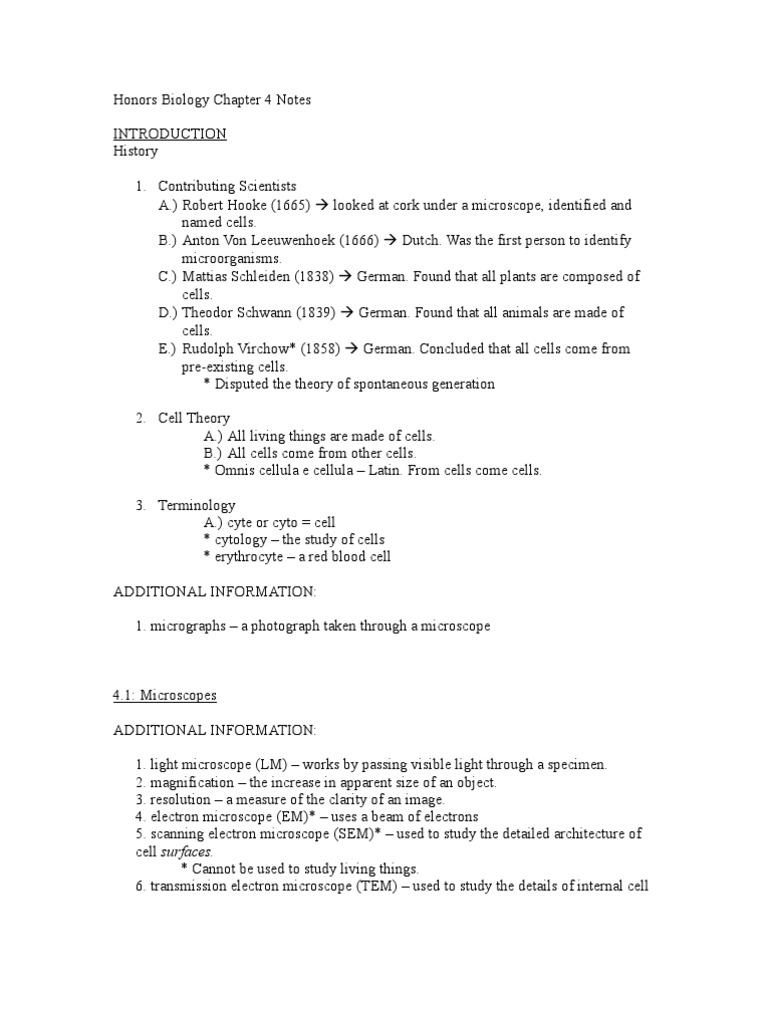Honors Biology Ch. 4 Notes | PDF | Cell Nucleus | Cell (Biology)