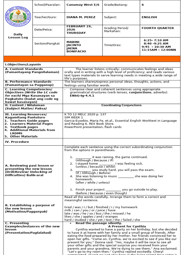 english 6 q4 WEEK 3 COORDINATING CONJUNCTIONS DAY 1 FEB 19 | PDF