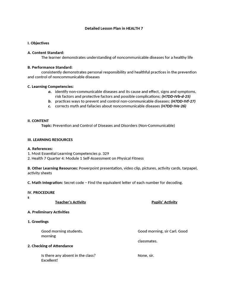 Detailed Lesson Plan in PE 7 (Q4) | PDF | Non Communicable Disease ...