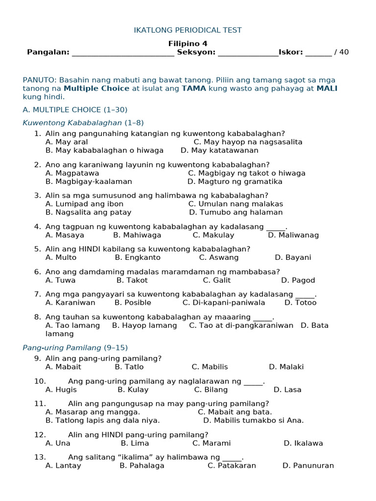 Filipino 4 - Ikatlong Periodical Test | PDF