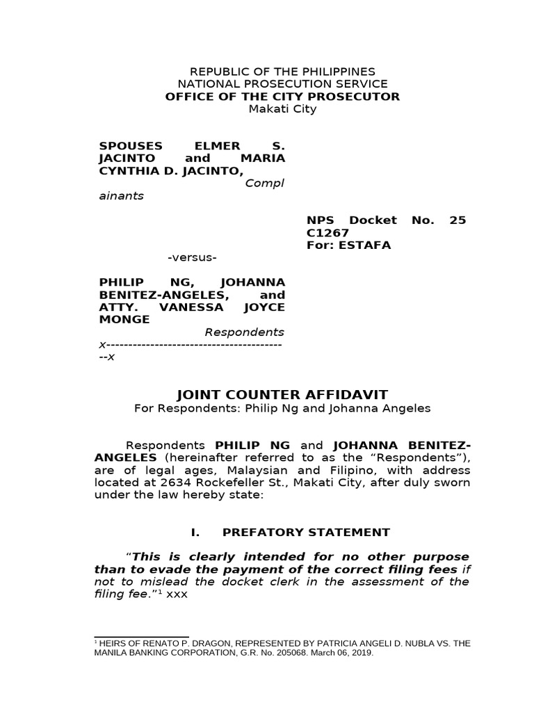 Joint Counter-Affidavit - Sps Jacinto v. Ng Et Al., Nps Docket No. 25 ...