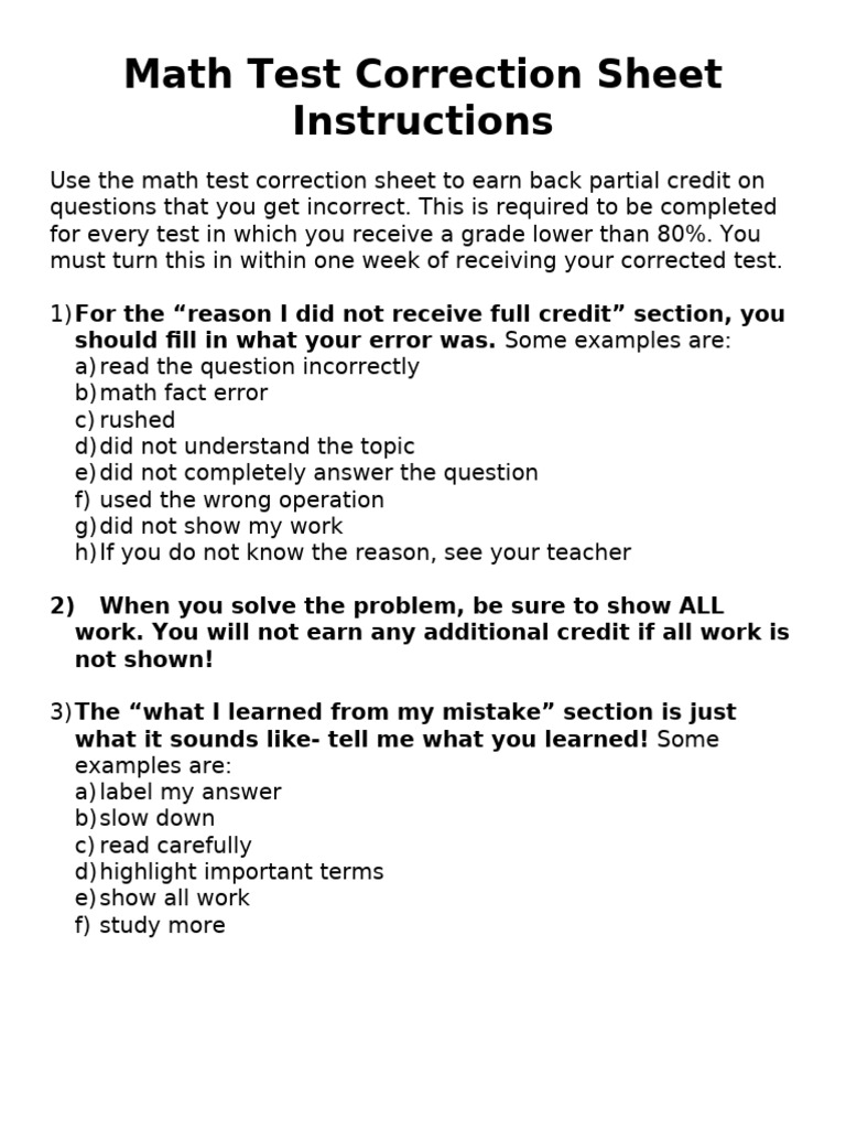 Math Test Correction Sheet Instructions | PDF