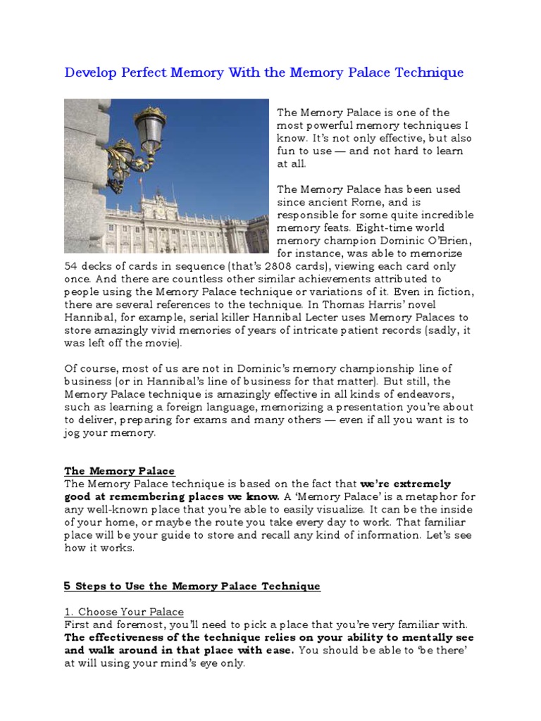 Mastering Memory With The Palace Technique Pdf Mental Image Memory