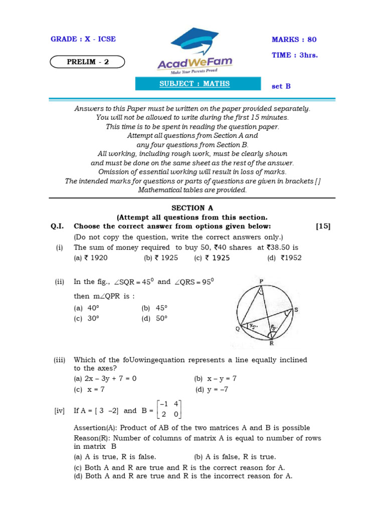 X ICSE Maths Prelim 2 Set B | PDF | Sphere | Circle