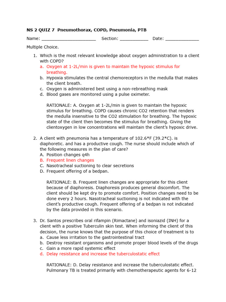 Ns2 Quiz 7 Respi | PDF | Lung | Pneumonia