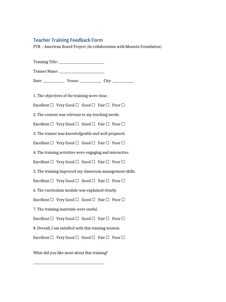 PTK Teacher Training Feedback Form | PDF